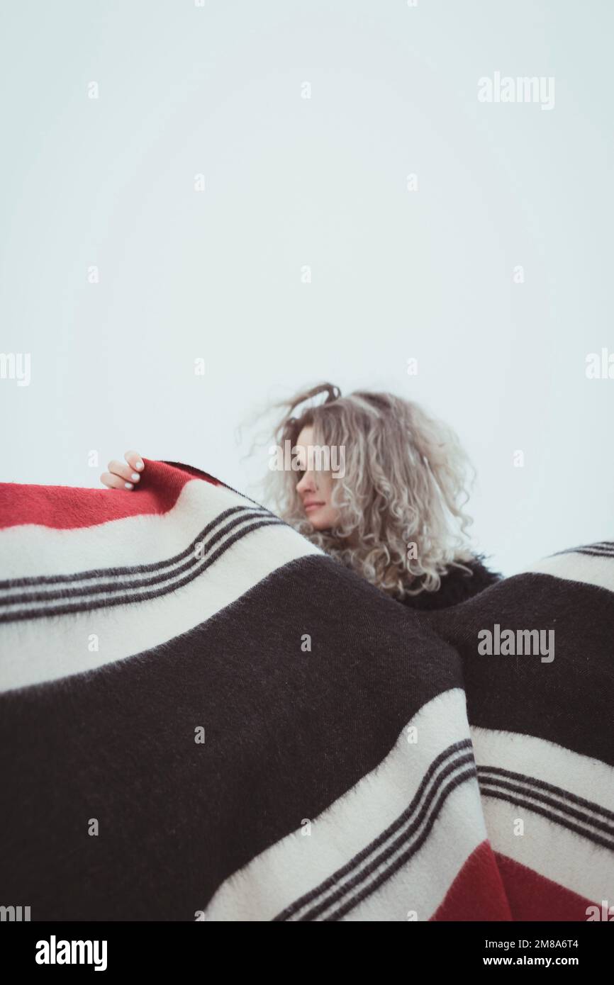 Elegant lady with floating woolen plaid outdoors portrait picture Stock ...