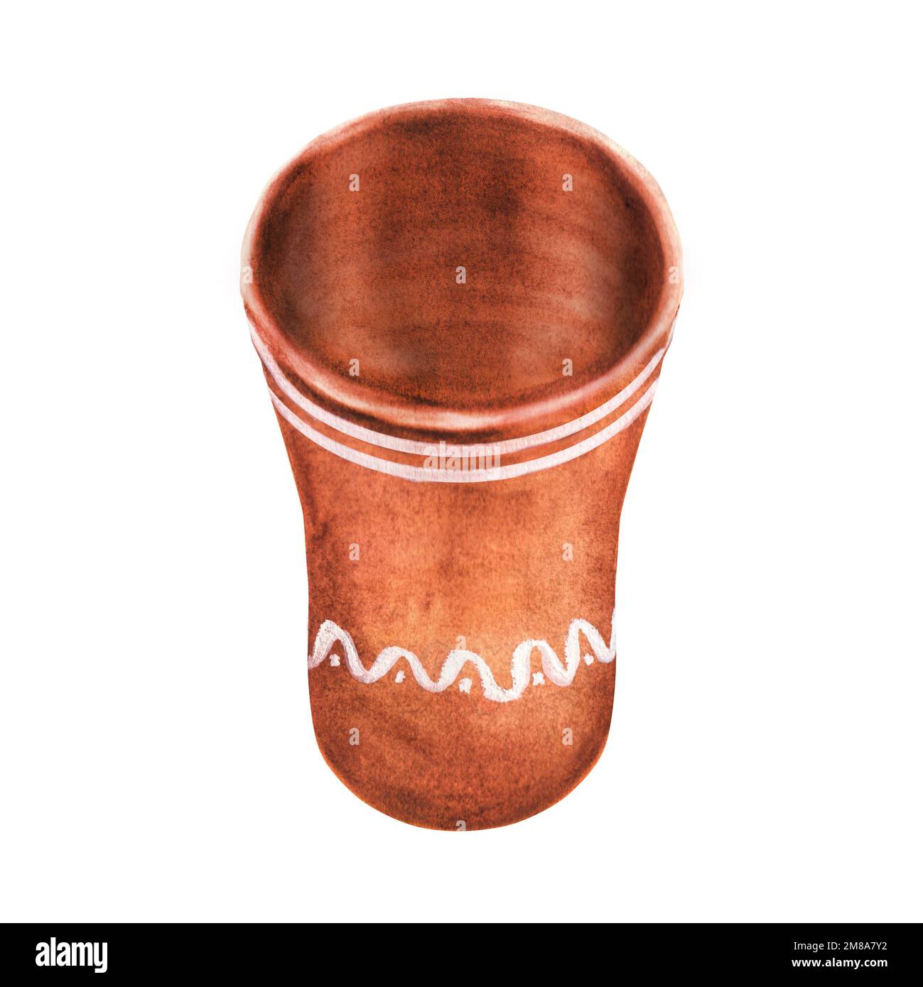 Hand-drawn watercolor traditional small clay cup. A part of the big ...