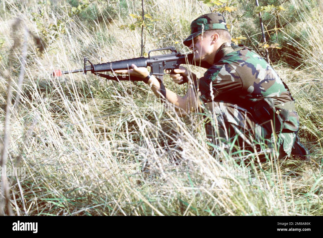 A member of a mobile fire team takes aim with an M-16A1 rifle equipped ...