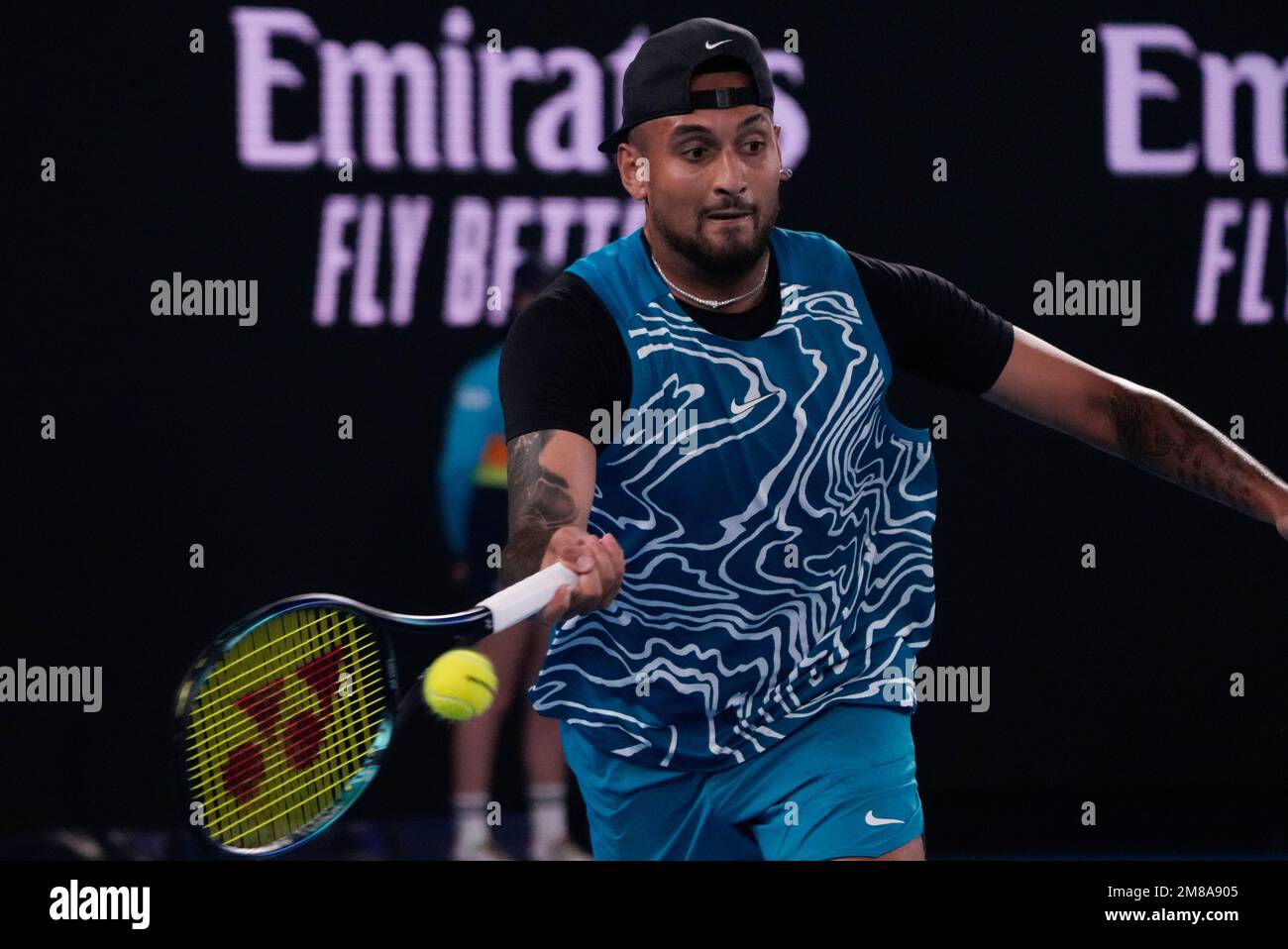 Australia's Nick Kyrgios plays a forehand return to Serbia's Novak ...