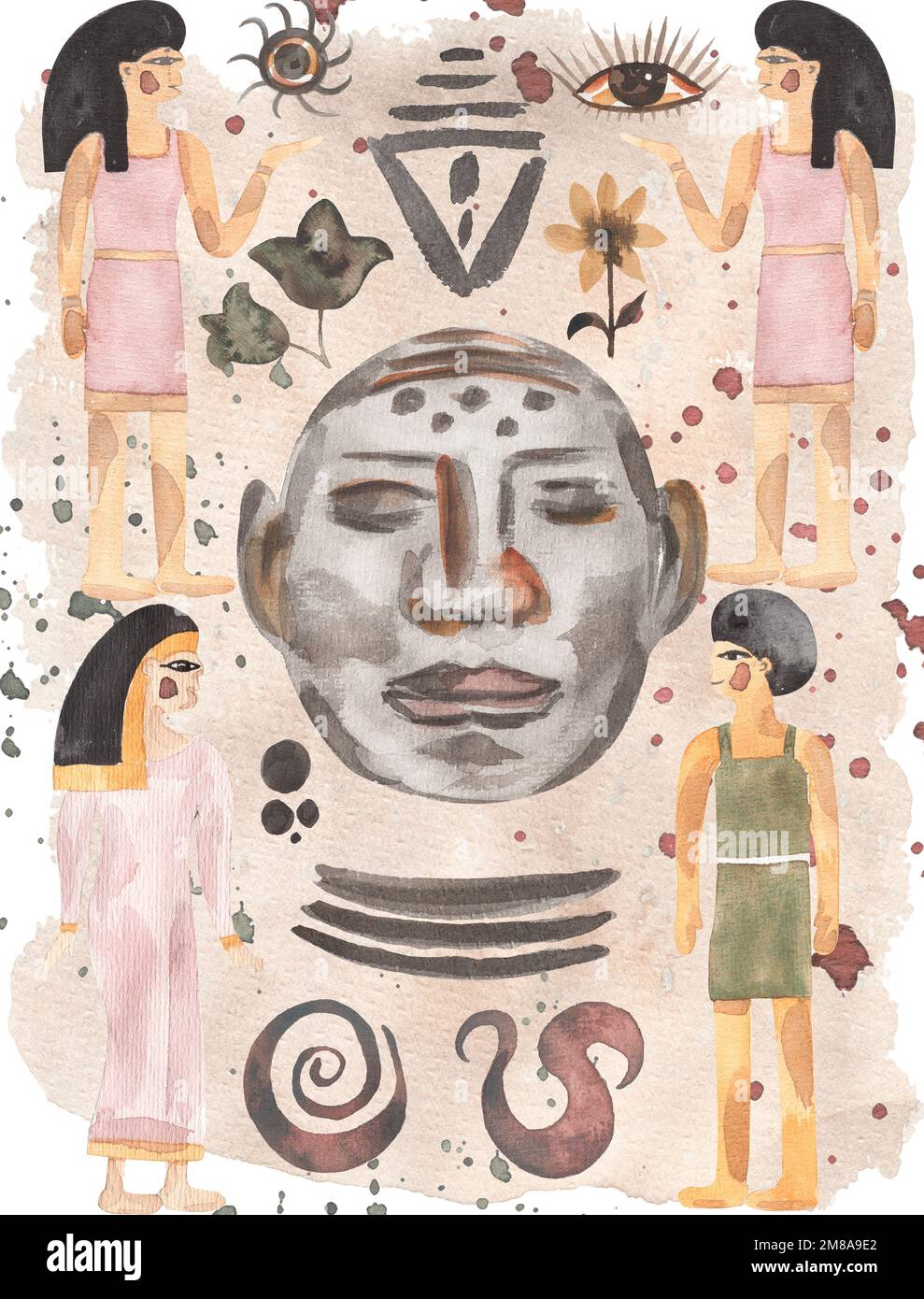 Ancient Tribal poster Clipart, Watercolor modern abstract Illustration ...