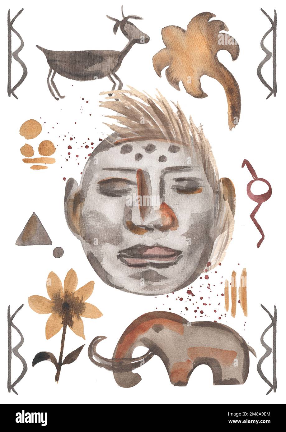 Ancient Tribal poster Clipart, Watercolor modern abstract Illustration ...