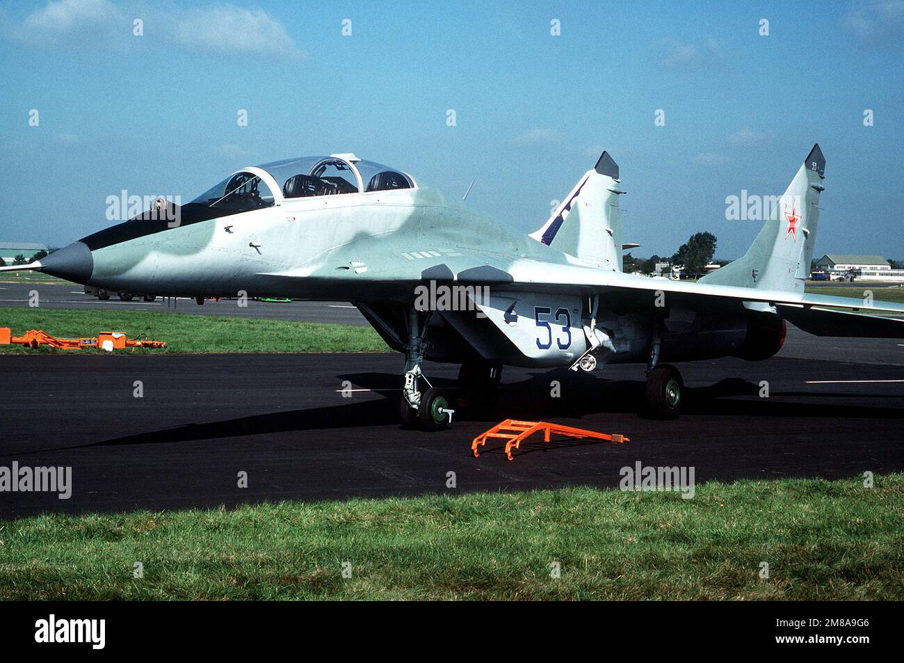 A Soviet Mig-29A Fulcrum fighter aircraft stands on the runway at the ...