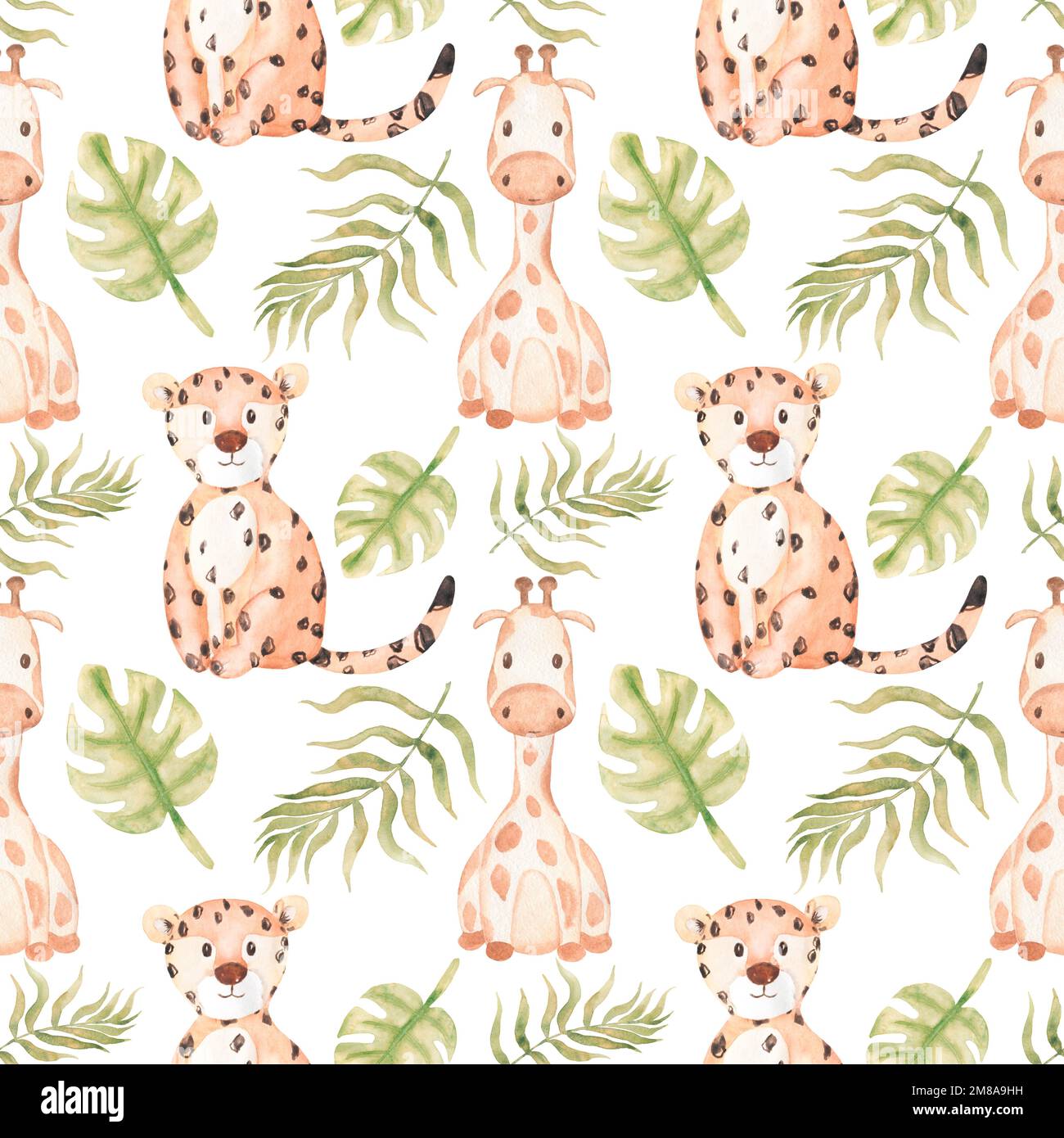Watercolor Tropical Animal Pattern, Baby leopard, giraffe, Kids repeat ...