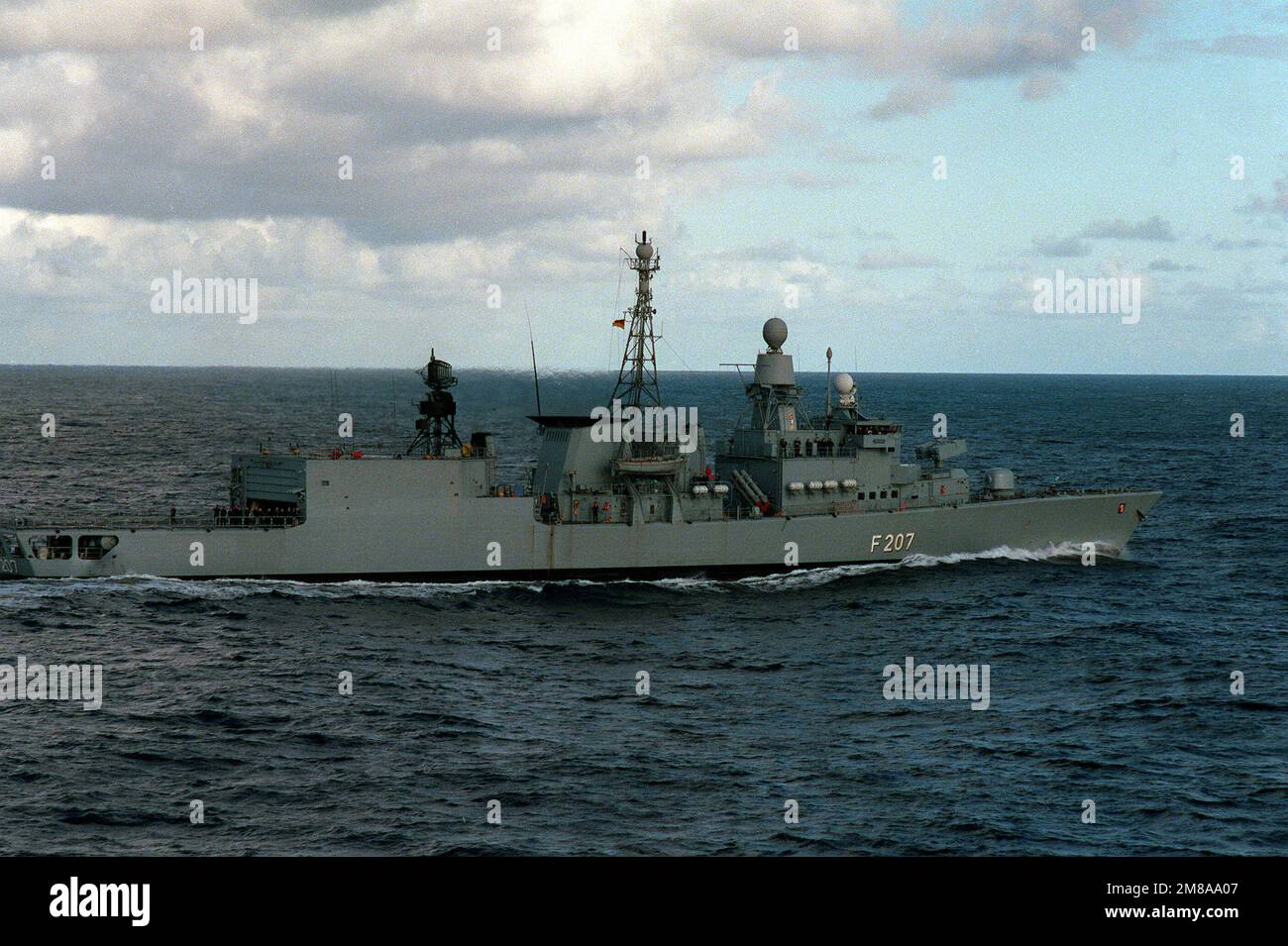 A starboard quarter view of the West German destroyer FGS Bremen (F-207 ...