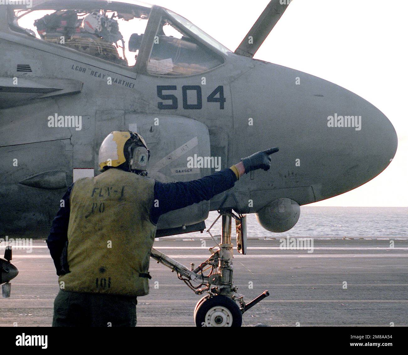 A plane director signals to the pilot of an Attack Squadron 176 (VA-176 ...