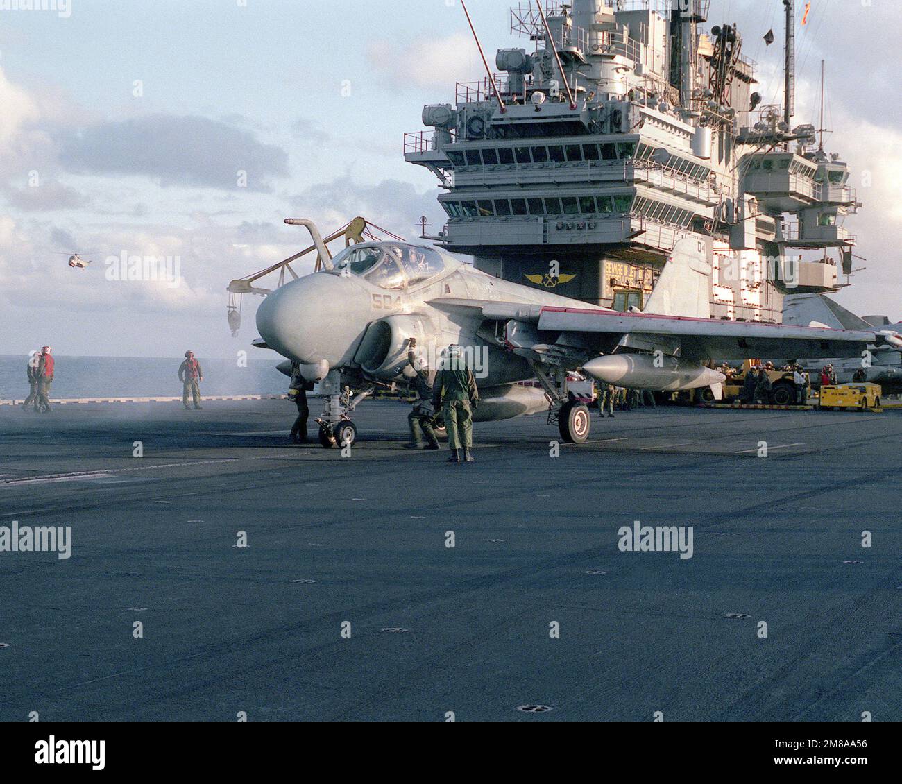 An Attack Squadron 176 (VA-176) A-6E Intruder aircraft is readied for ...
