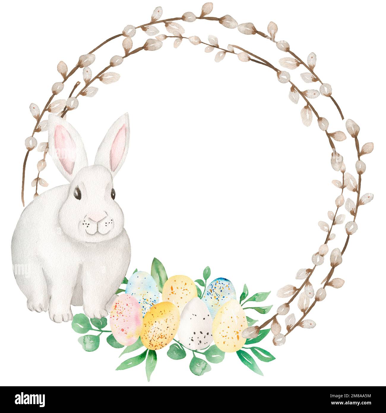 Watercolor Easter Wreath Clipart, Cute hand drawn White Bunny ...