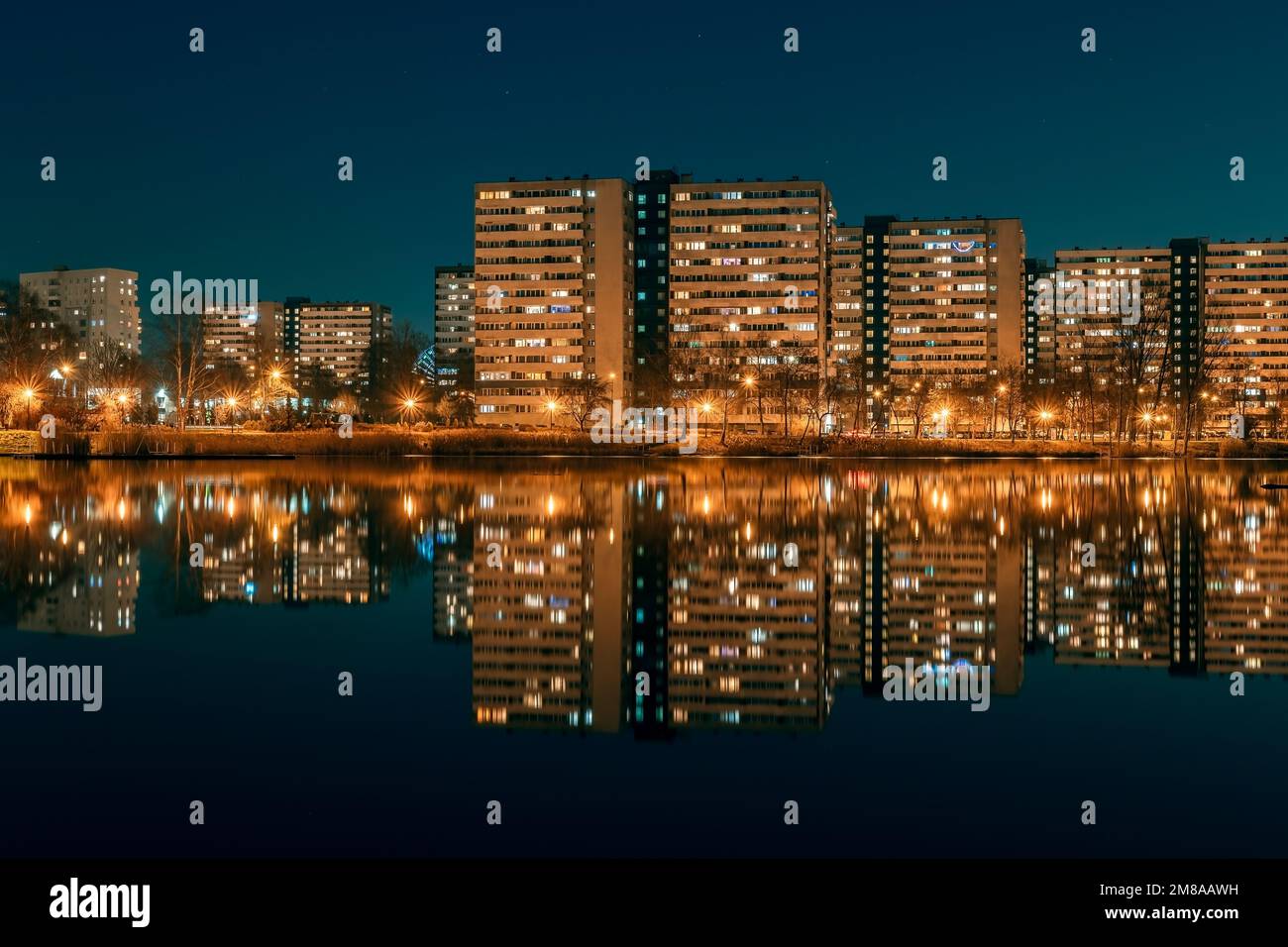 Night view on Tysiaclecie estate in Katowice, Silesia, Poland ...