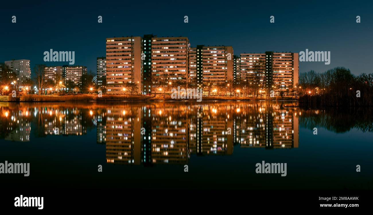 Night view on Tysiaclecie estate in Katowice, Silesia, Poland ...