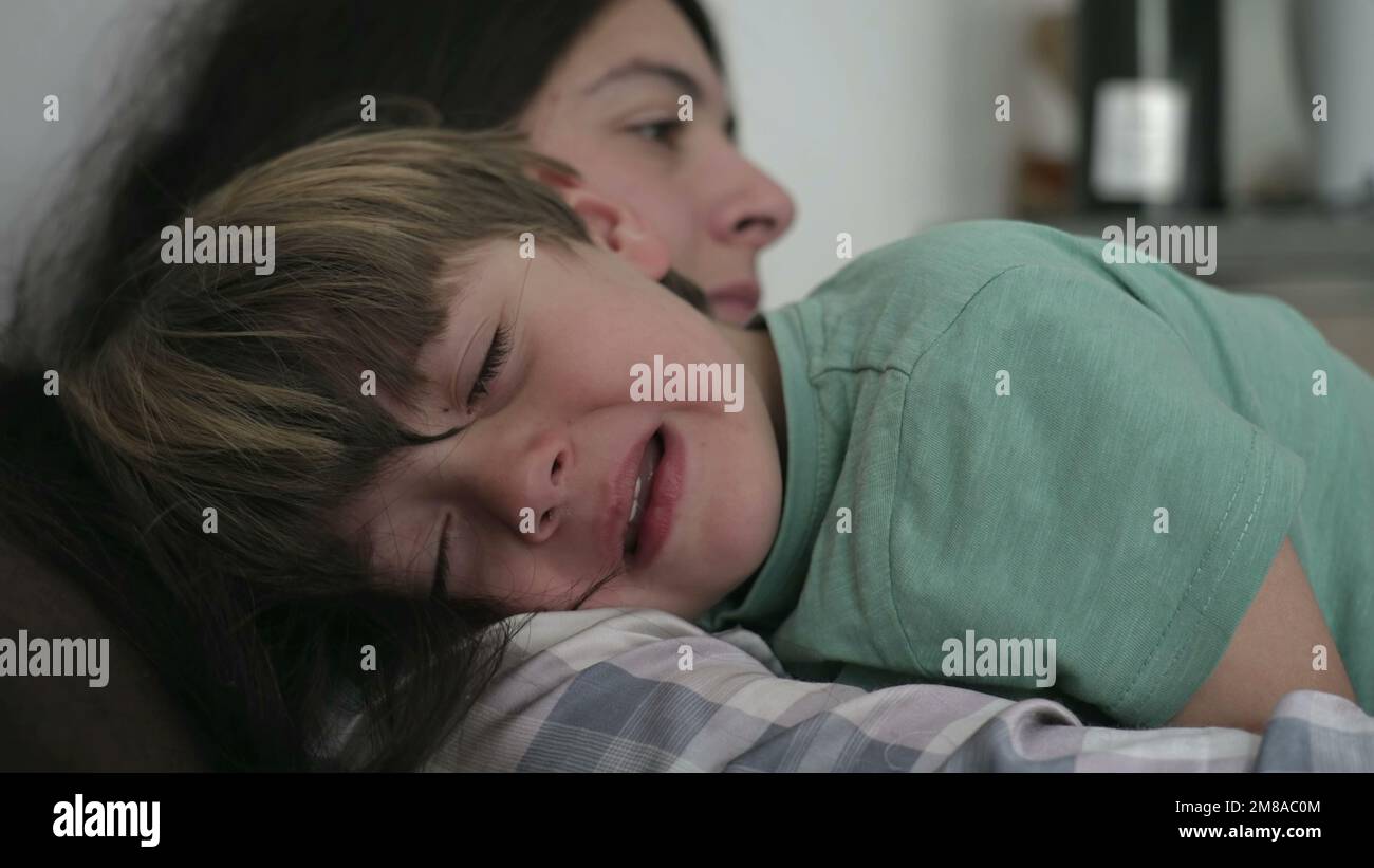 Tearful crying child. Mother consoling sad little boy. Kid in crisis ...