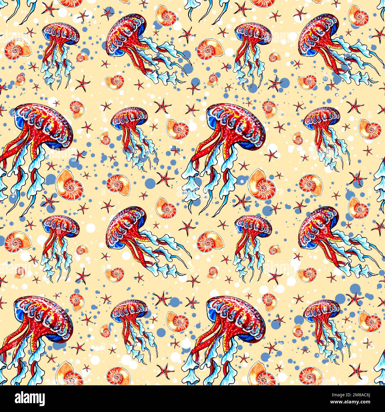 Sea seamless pattern with jellyfish, starfish, seashell and splashes ...