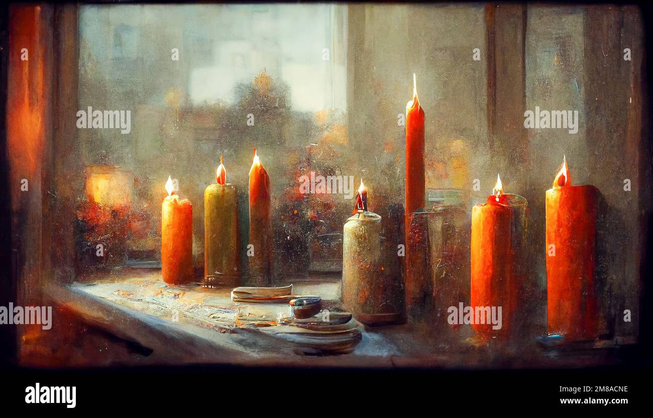 An illustration of a cool canvas painting of Burning red candles on a ...