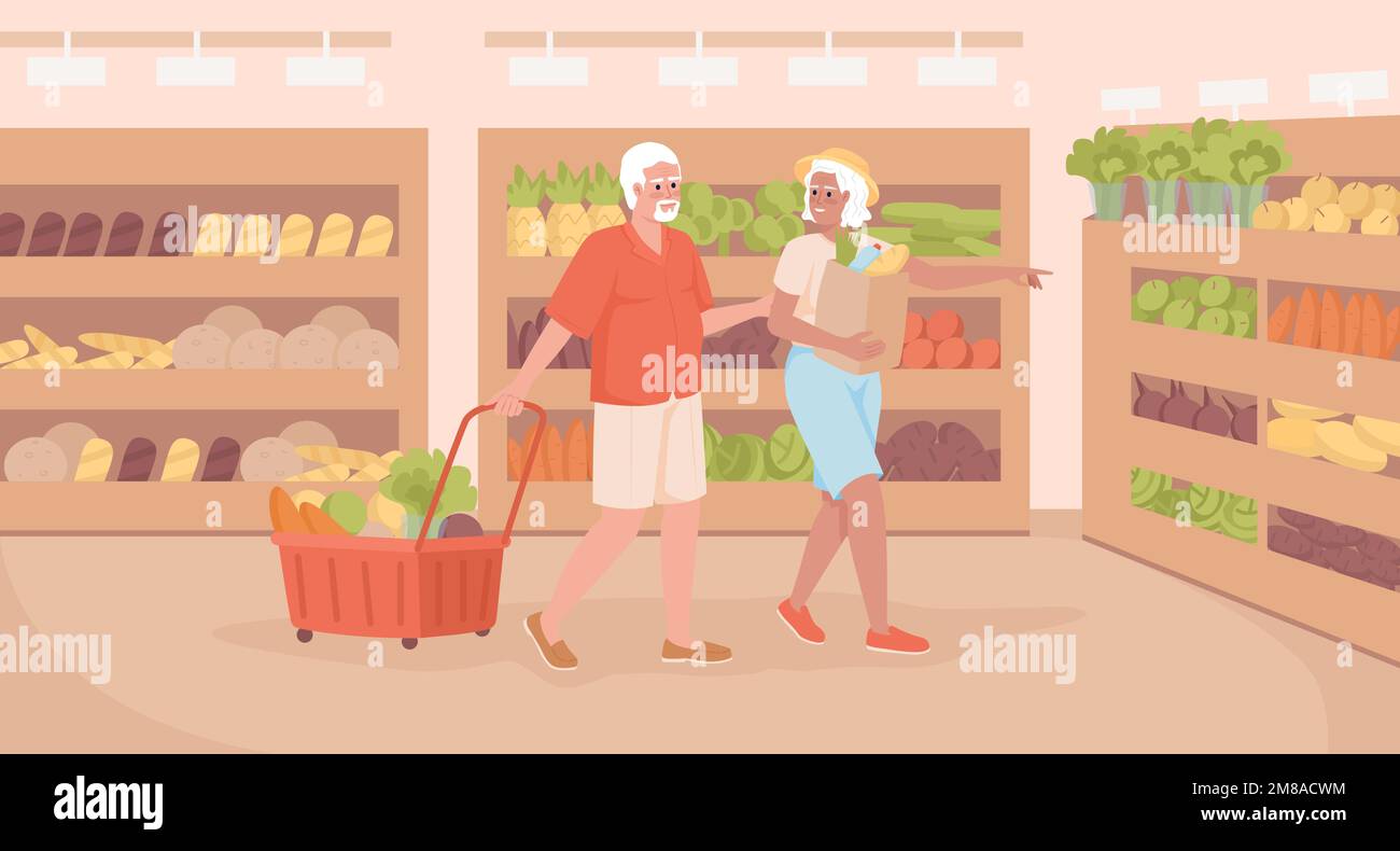 Senior shopping hours flat color vector illustration Stock Vector Image ...