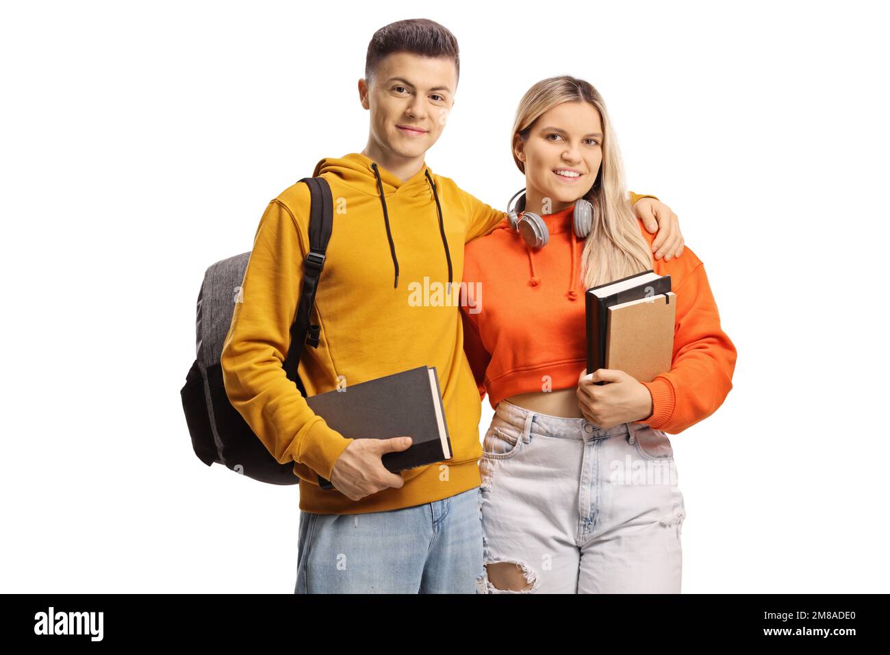 Students carrying backpacks and books isolated on white background ...