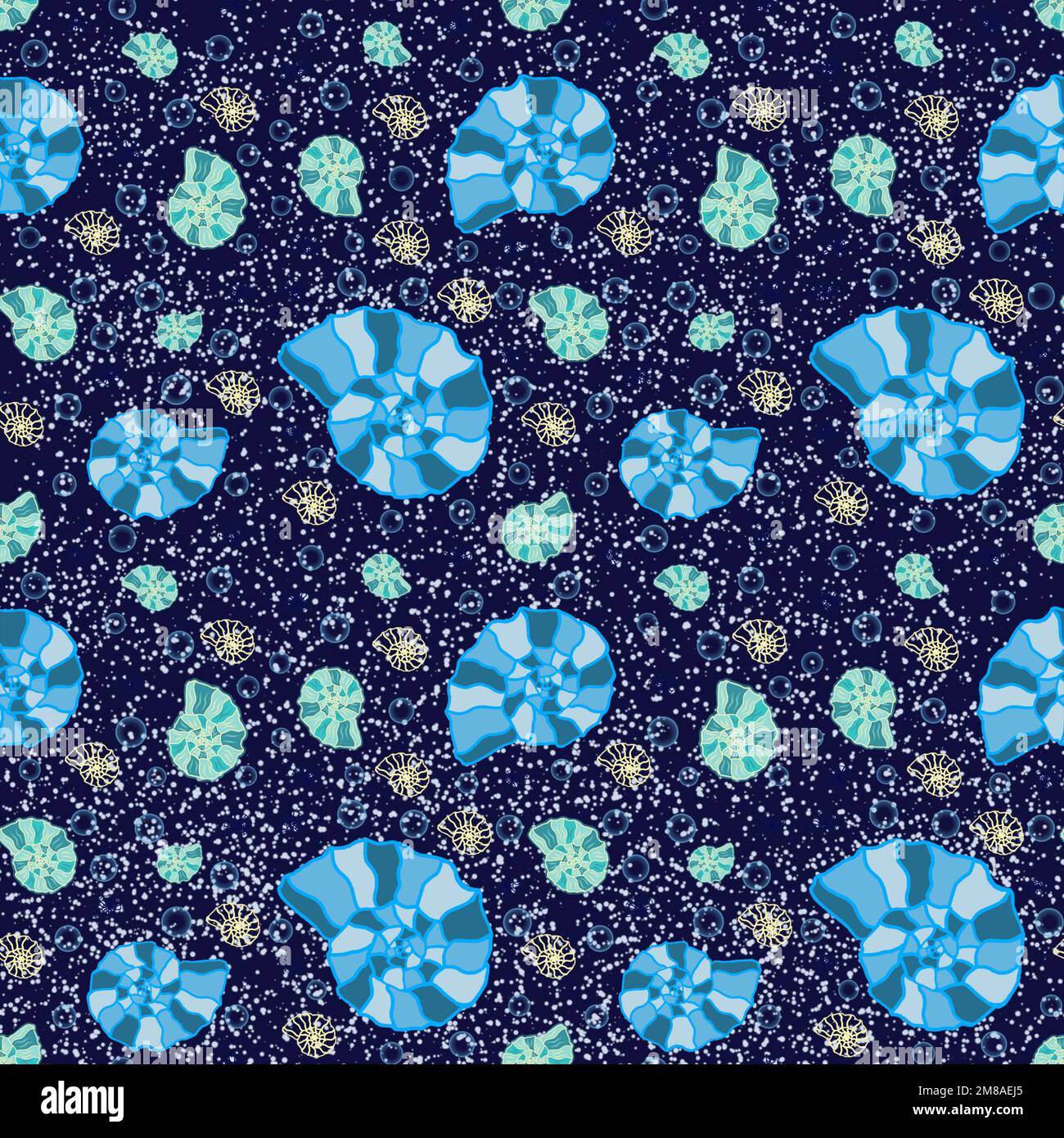 Sea seamless pattern with blue seashell and splashes. JPEG illustration ...