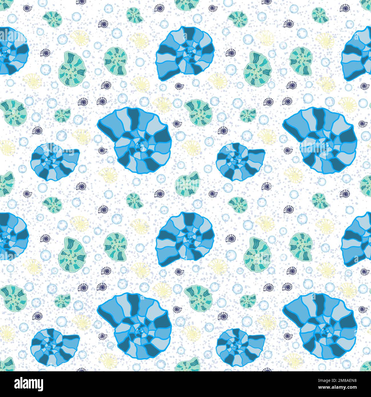Sea seamless pattern with blue seashell and splashes. JPEG illustration ...