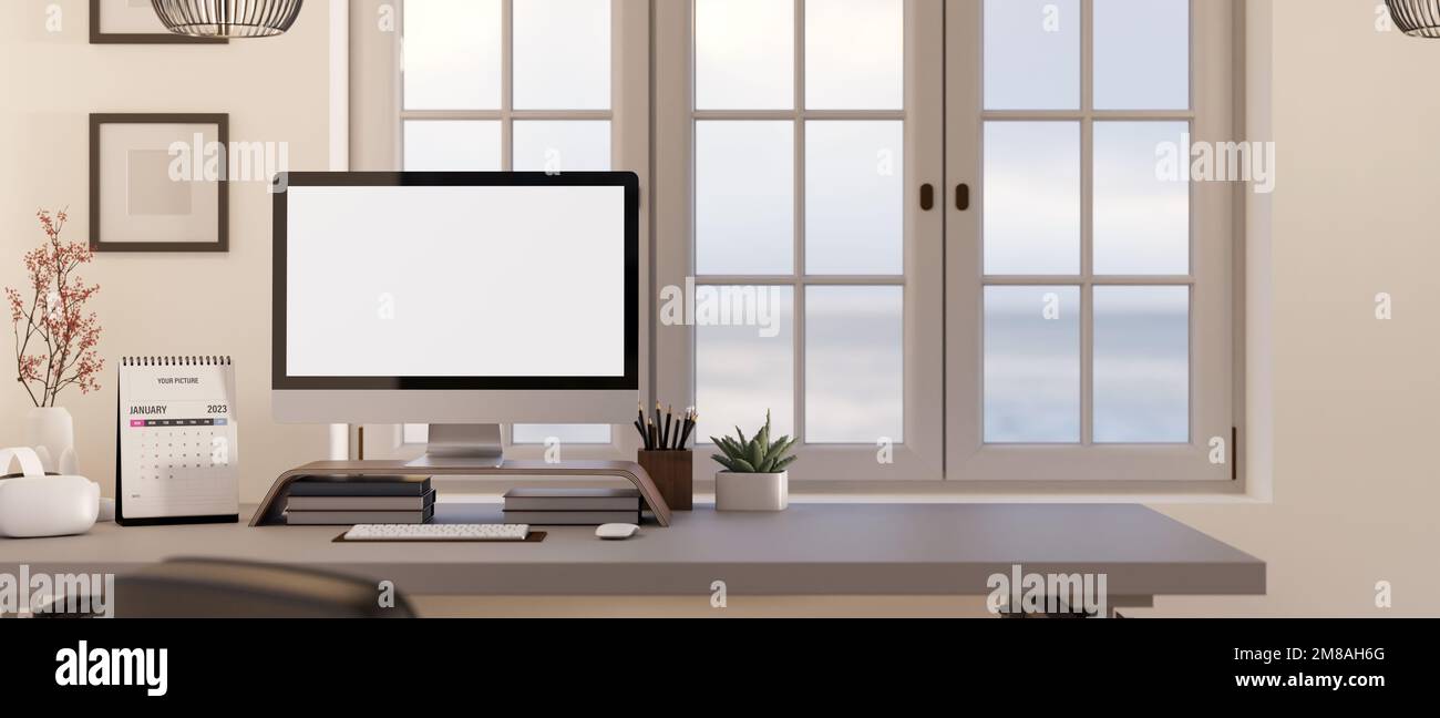 Modern minimal white home working room interior design with PC desktop ...