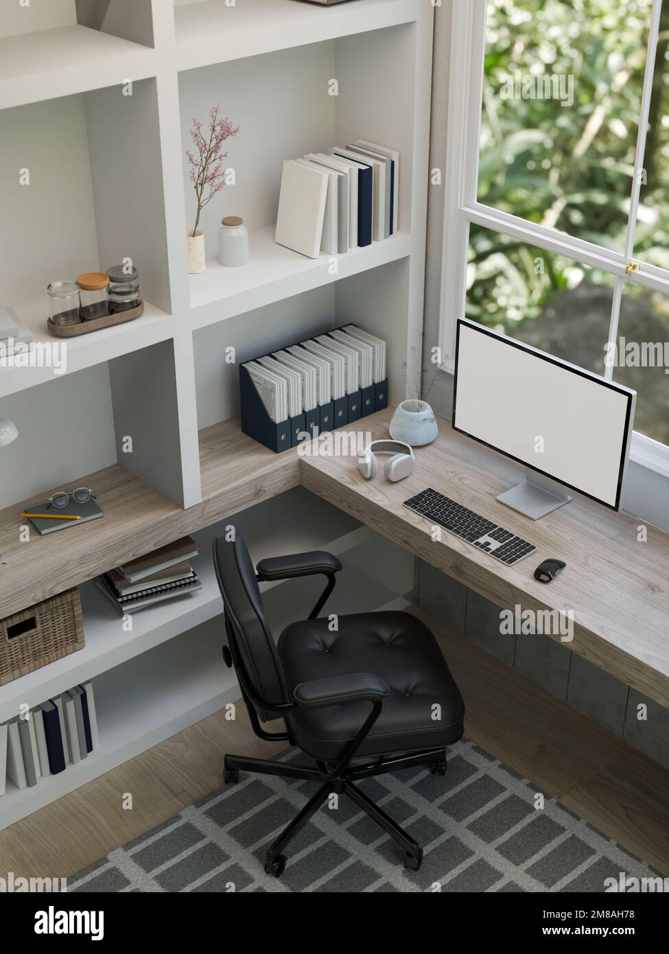 Top view of a modern home office interior design with computer mockup ...
