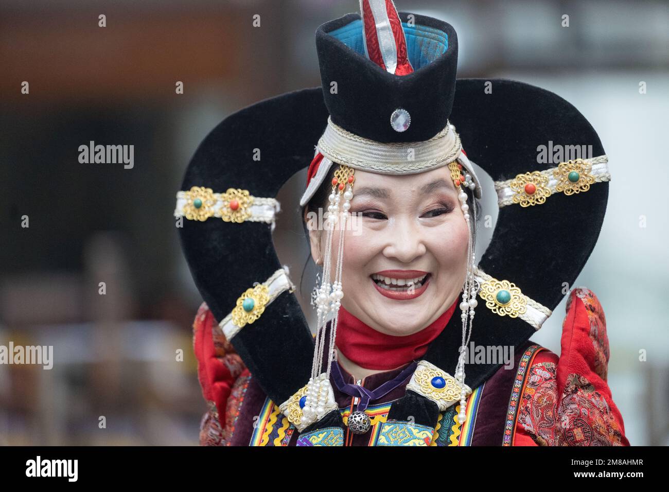 Stuttgart, Germany. 13th Jan, 2023. A woman in traditional Mongolian ...
