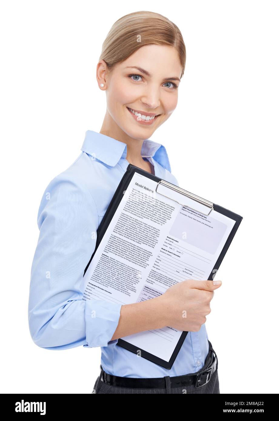 Business Woman Portrait And Contract Clipboard On Isolated White