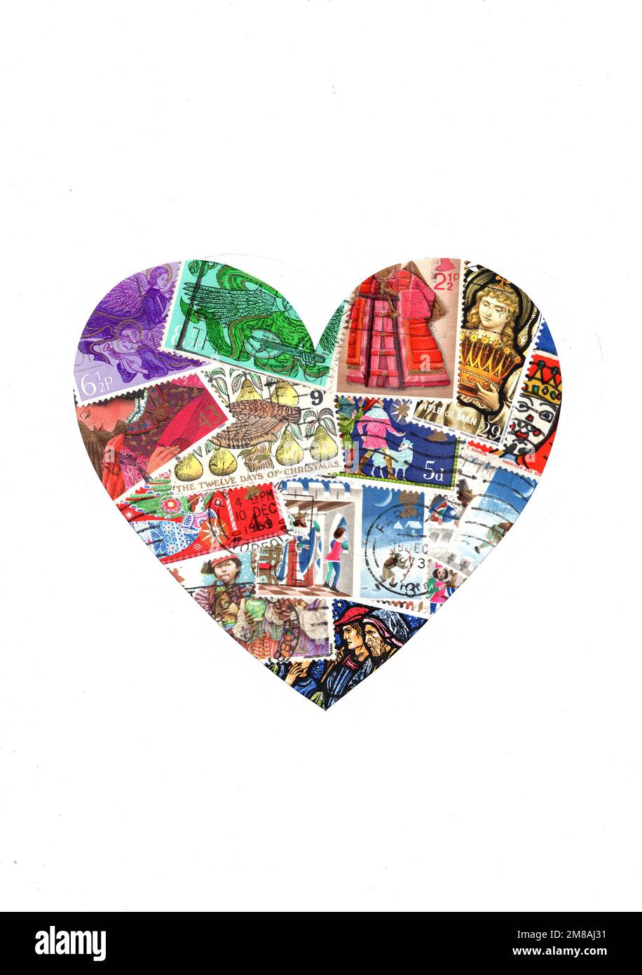 Vintage postage stamps forming the shape of a heart on a white ...