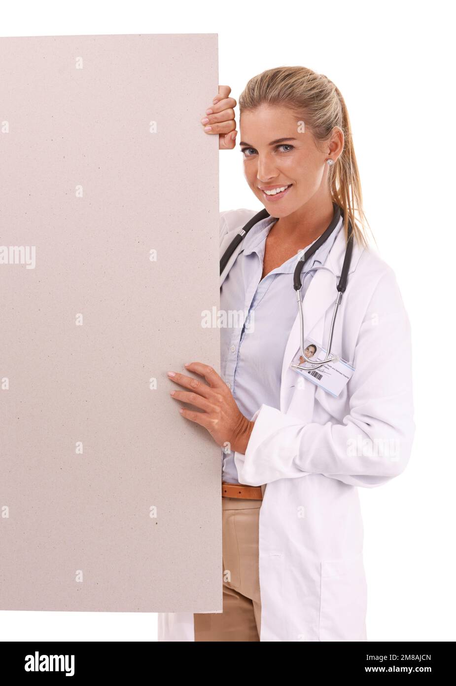 Mockup portrait, doctor and woman with poster, placard or billboard for ...