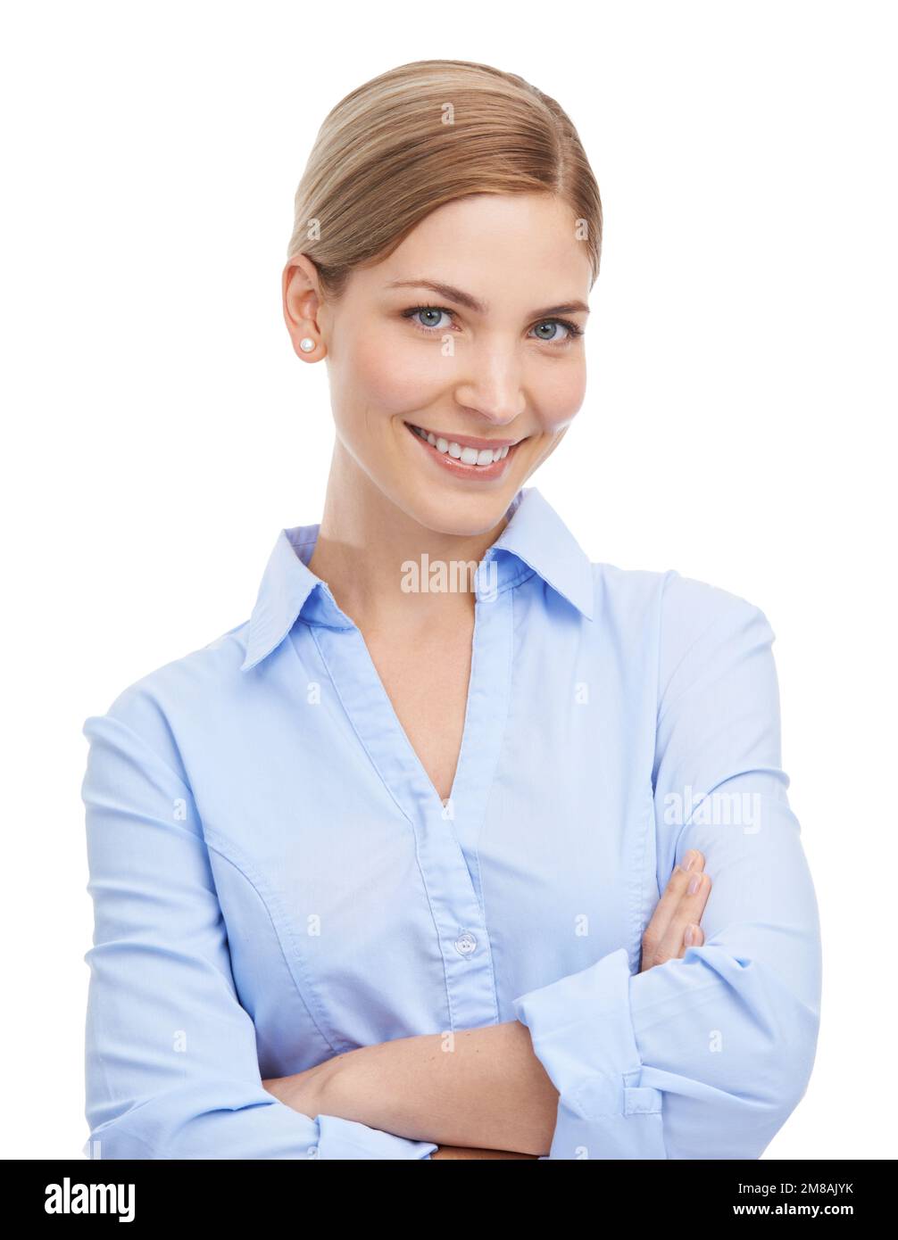 Face portrait, business woman and arms crossed in studio on white ...
