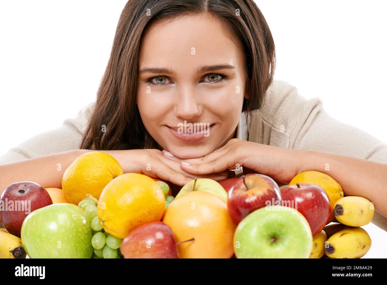 Woman, fruit and happy portrait for nutrition, breakfast health and ...