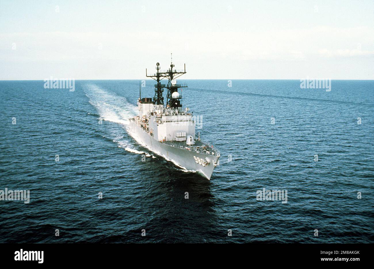 A starboard bow view of the destroyer USS MOOSBRUGGER (DD-980) underway ...