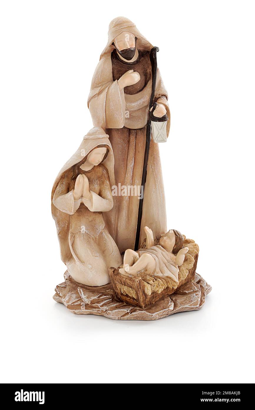 Set of Christmas nativity scene and angel figurines isolated on white ...