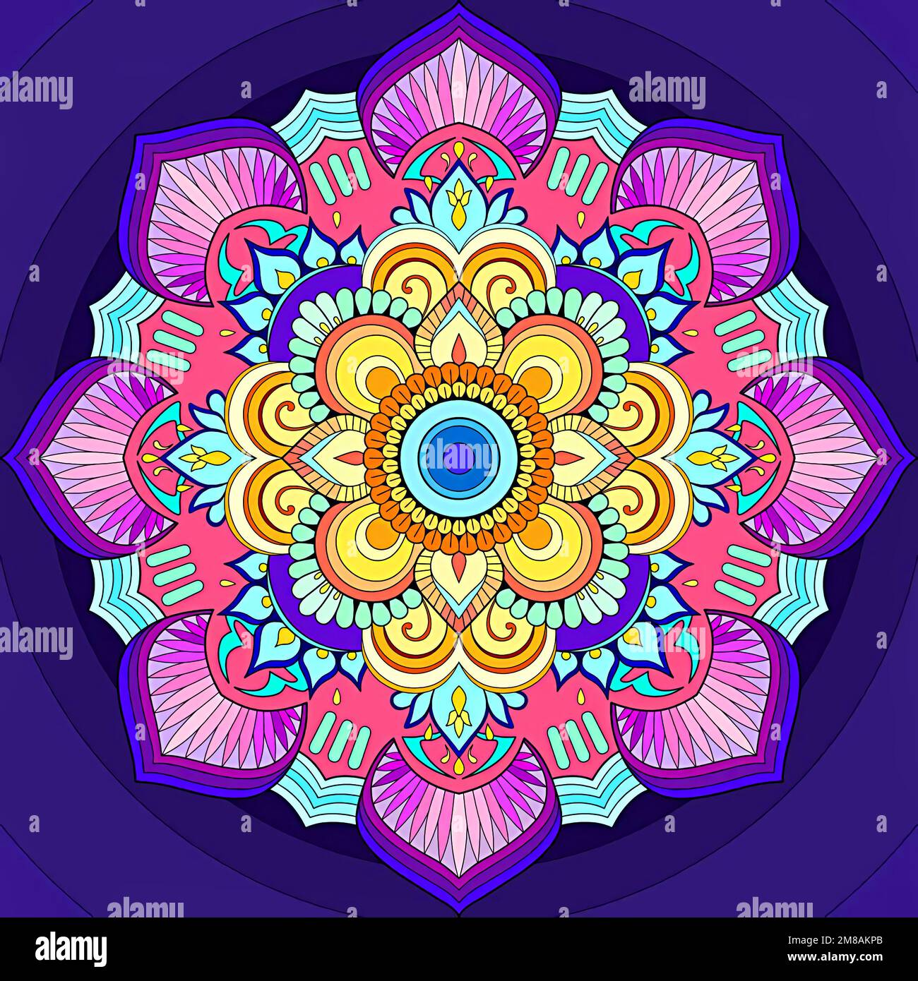 mandala with a flower shape pattern with a mix of colors, blue, yellow ...