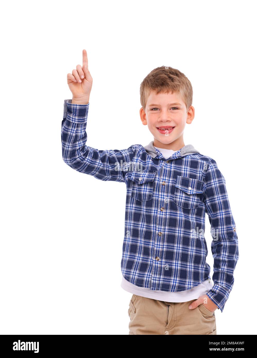 Kid, portrait and hand pointing to idea space with optimistic, friendly ...