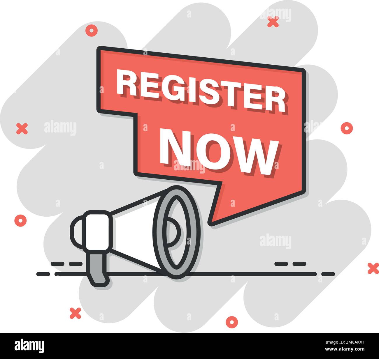 Register now icon in comic style. Registration cartoon vector ...