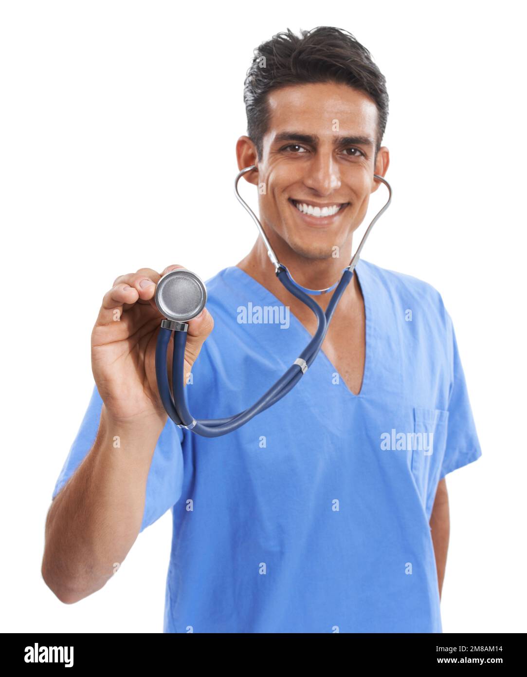 When you need a friendly ear...A handsome young doctor holding up a ...