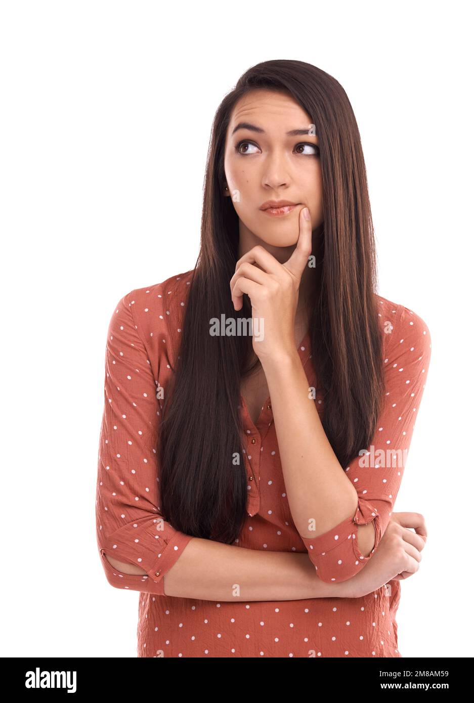 Thinking, confused and doubt with a woman in studio isolated on a white ...