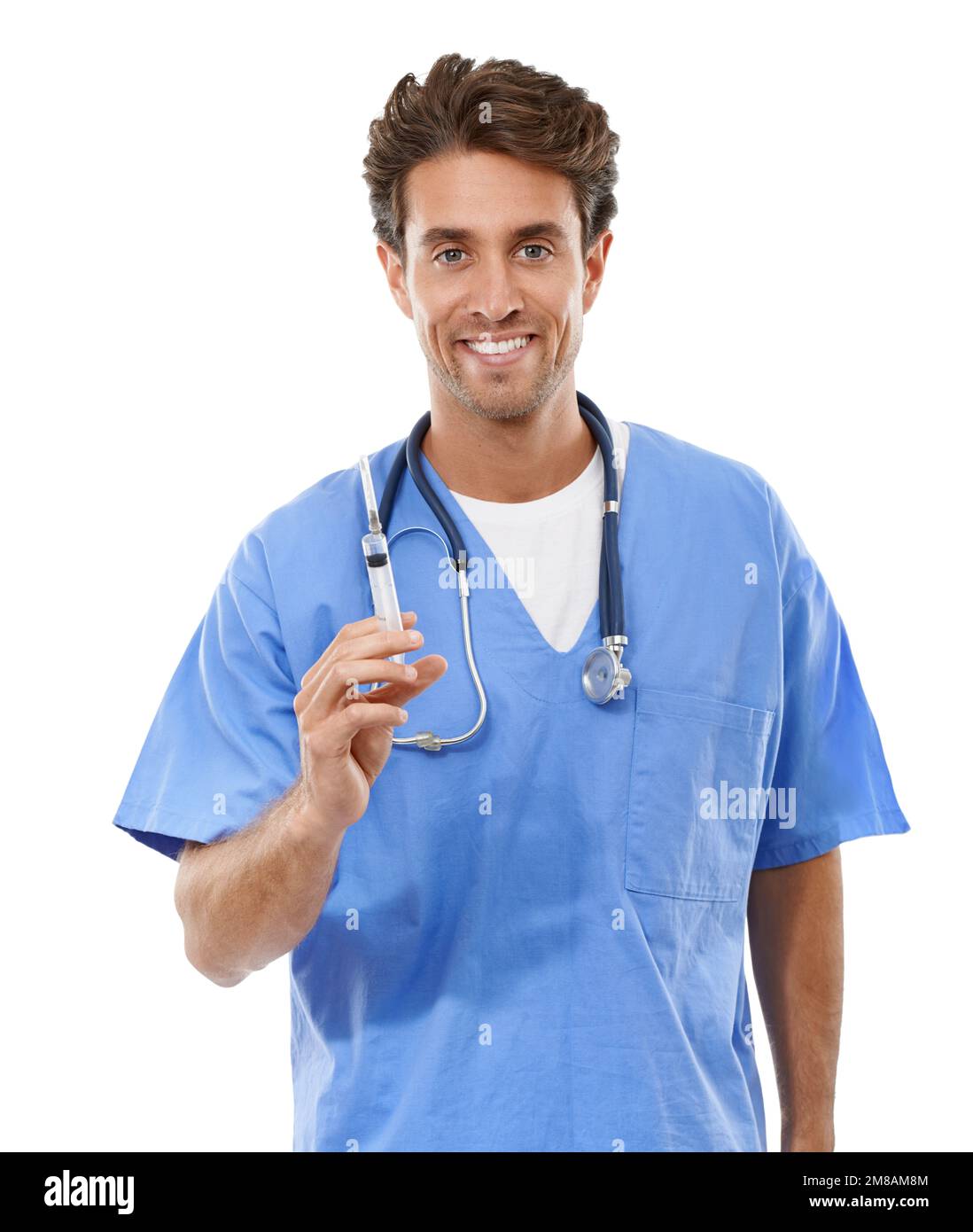 Time for your shot. Studio portrait of a young doctor holding a syringe ...