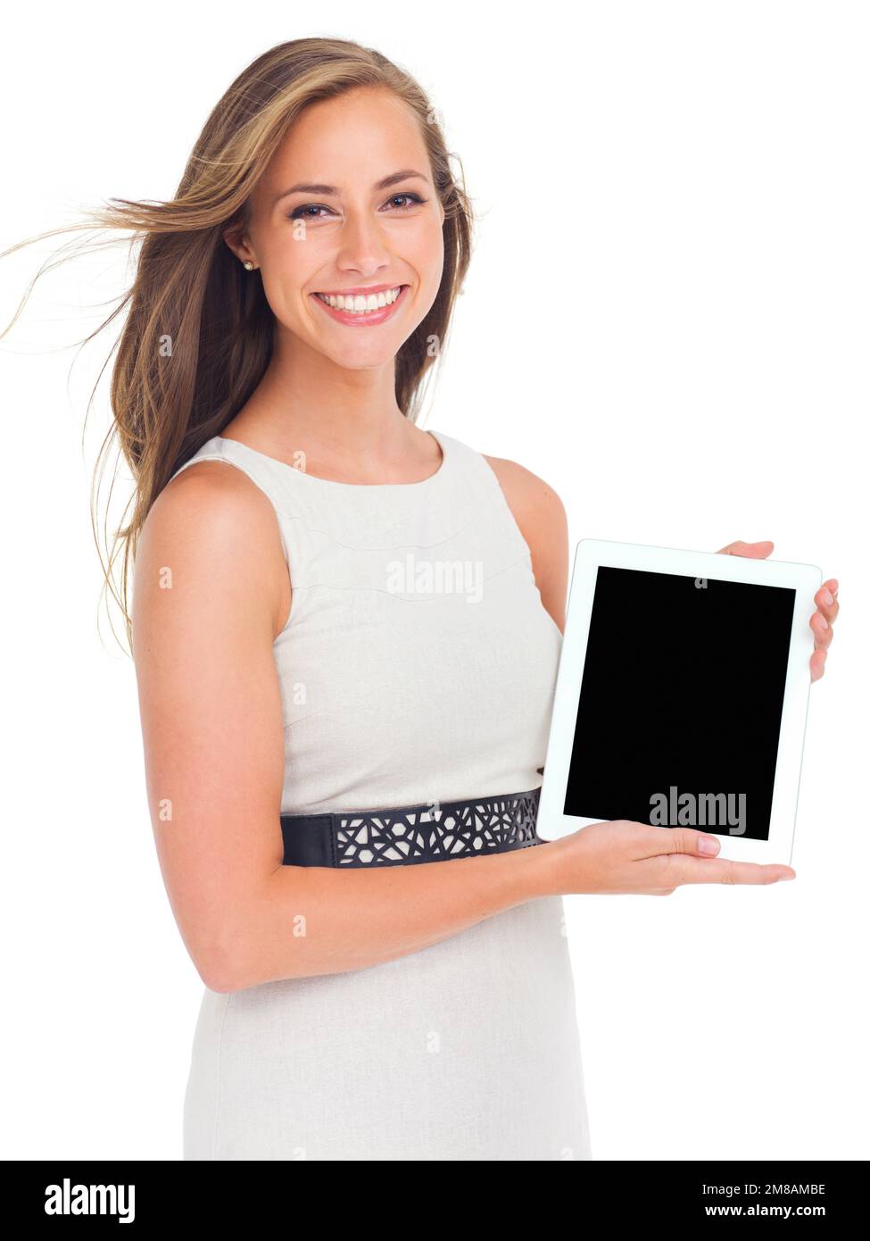 Face, portrait and woman with tablet mockup in studio isolated on a white background. Marketing ...