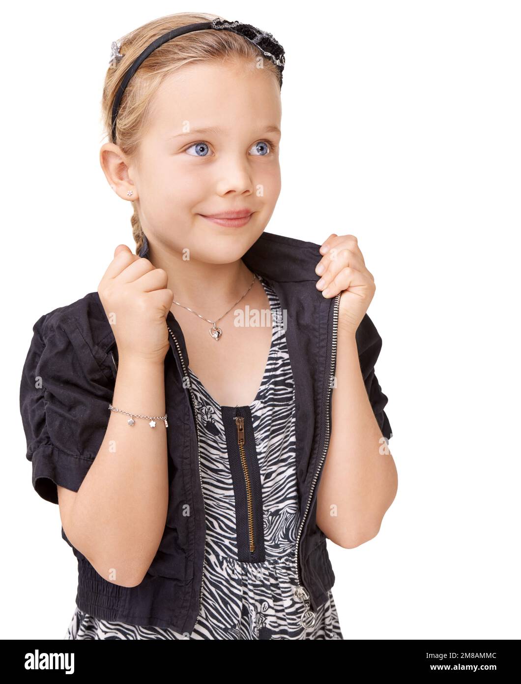 Fashion, stylish and girl in trendy clothes for a photo shoot isolated ...