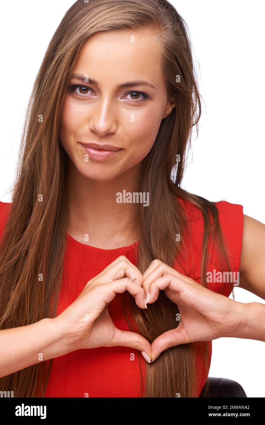 Woman, love hands and smile portrait, emoji sign or happiness support ...