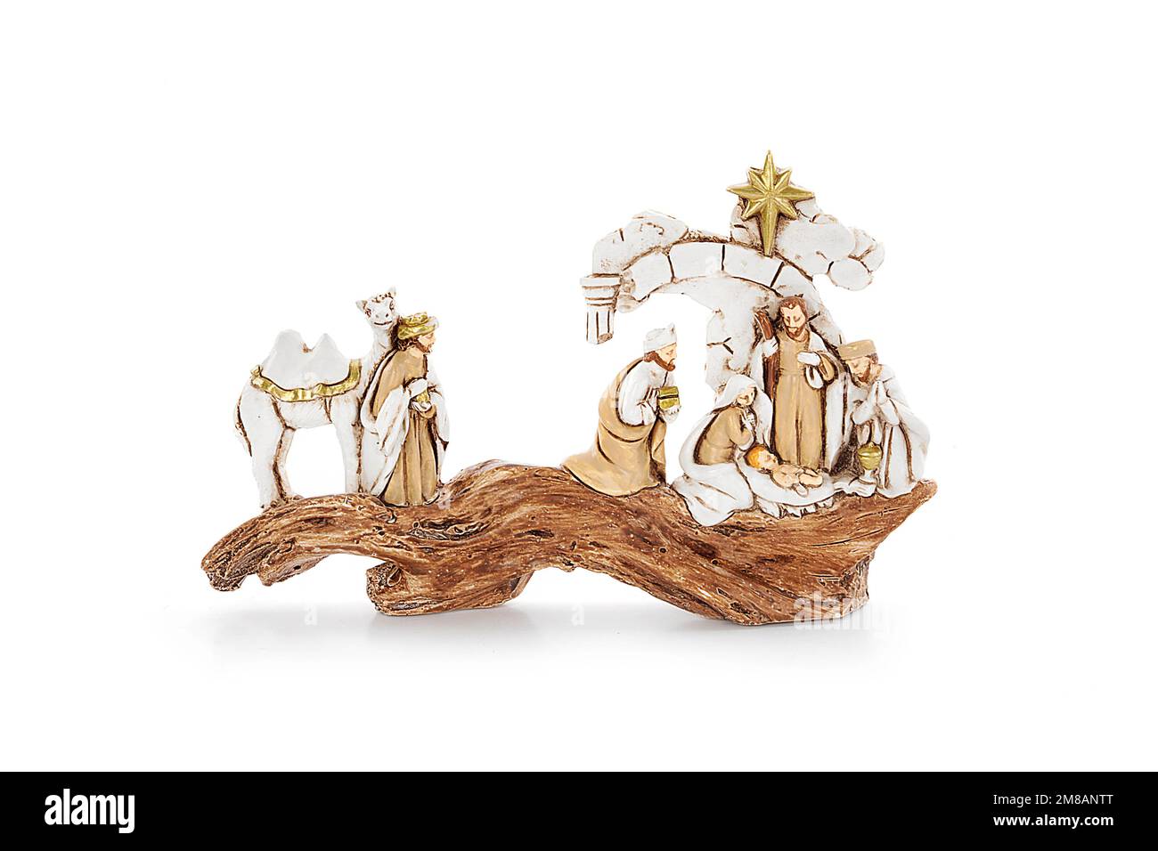 Set of Christmas nativity scene and angel figurines isolated on white ...