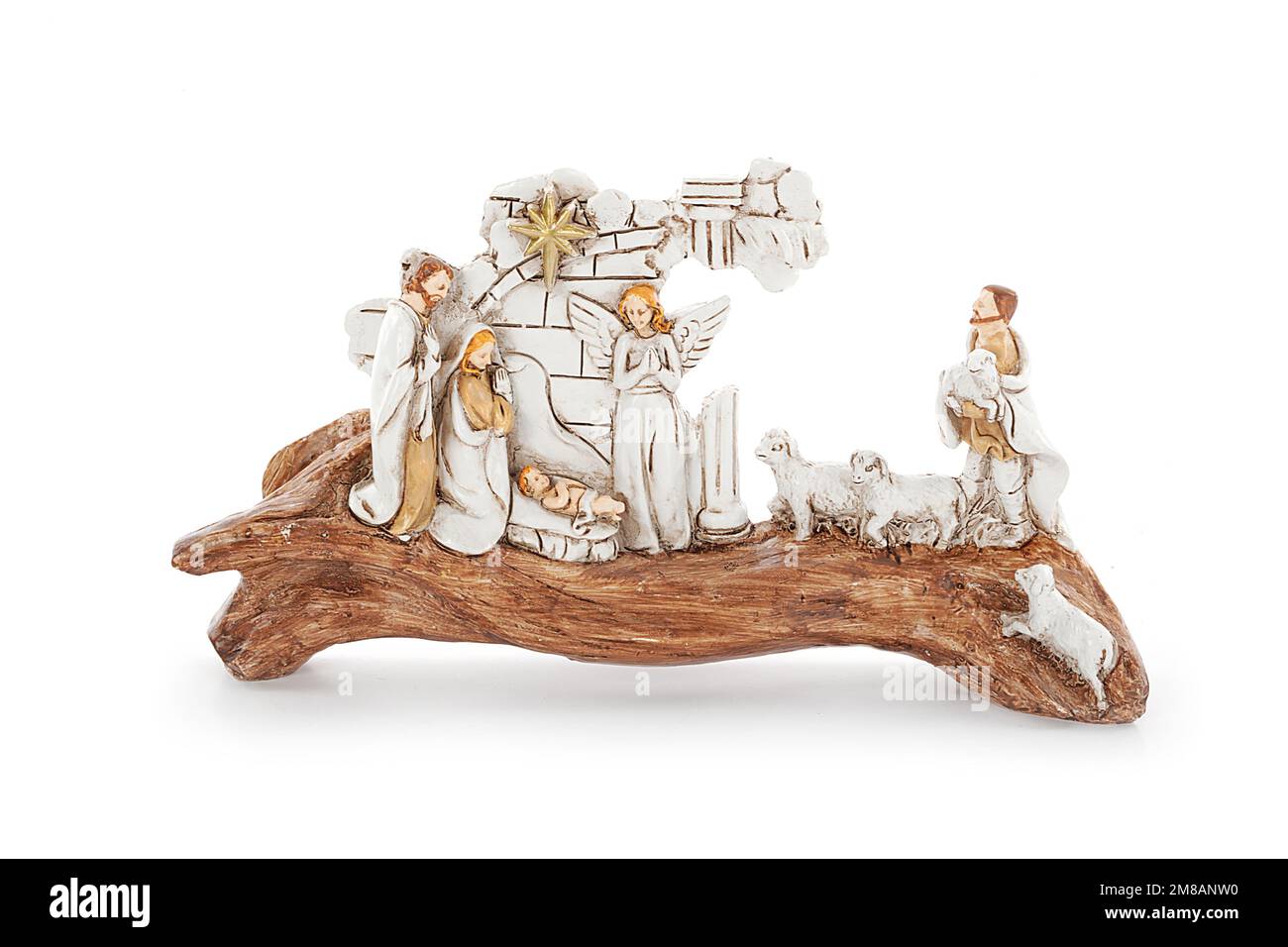 Set of Christmas nativity scene and angel figurines isolated on white ...