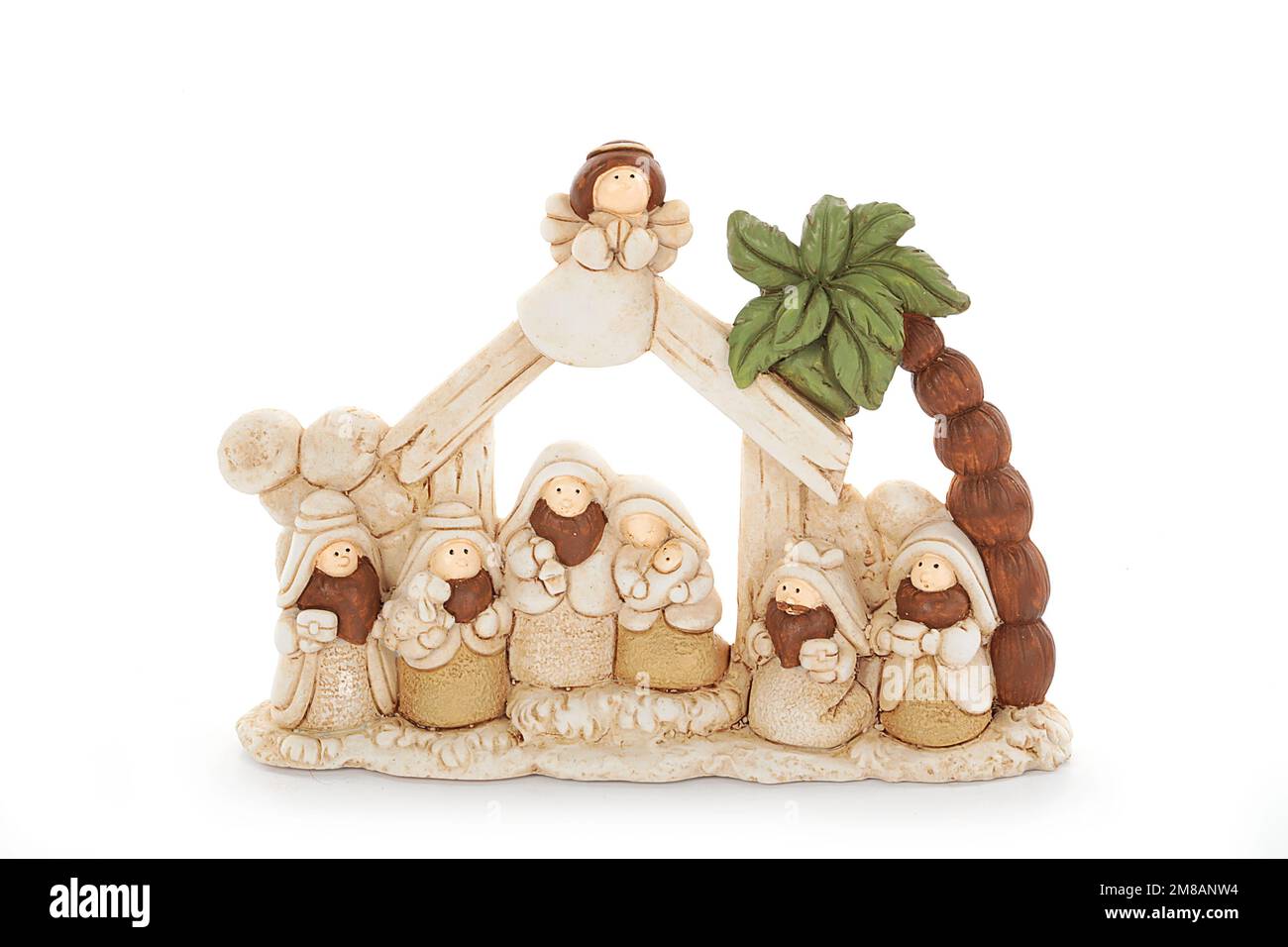 Set of Christmas nativity scene and angel figurines isolated on white ...