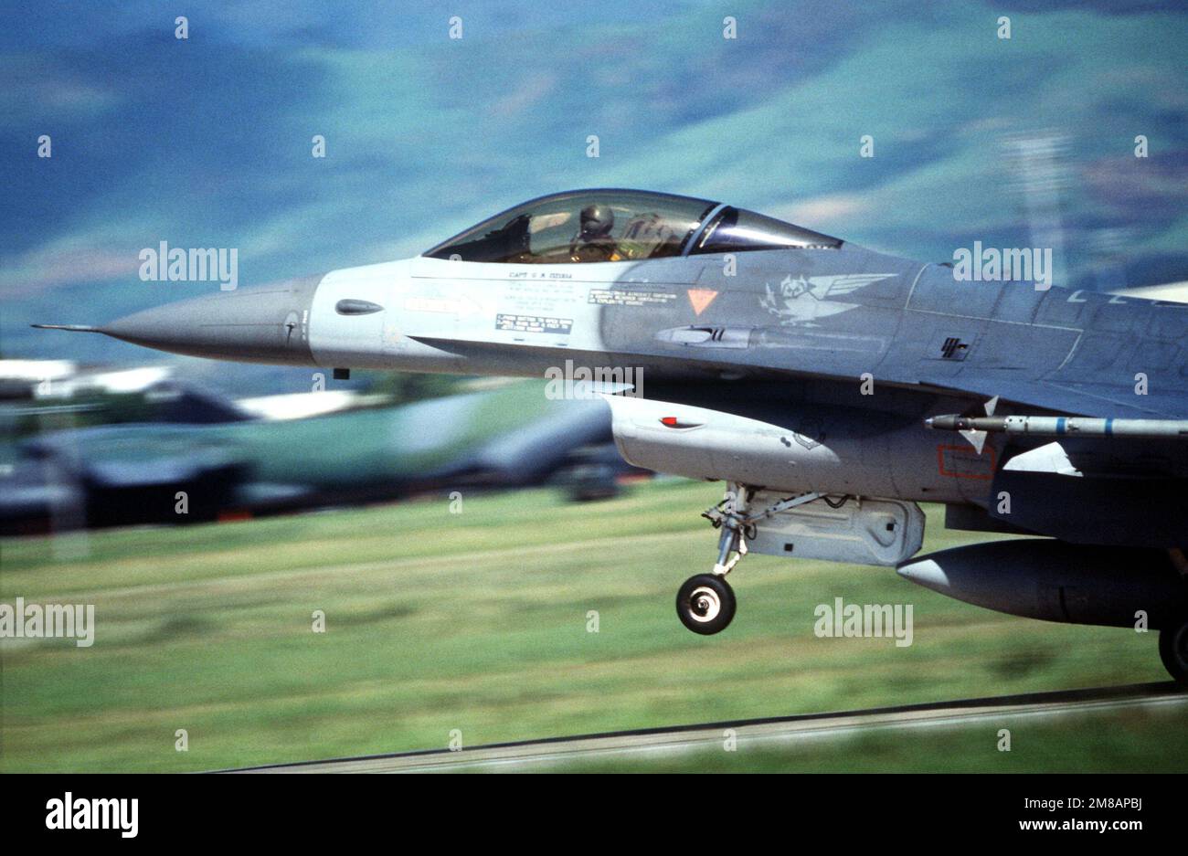 An F-16 Fighting Falcon aircraft takes off during exercise Cope Thunder ...