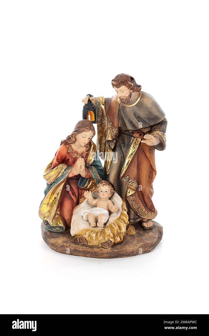 Set of Christmas nativity scene and angel figurines isolated on white ...
