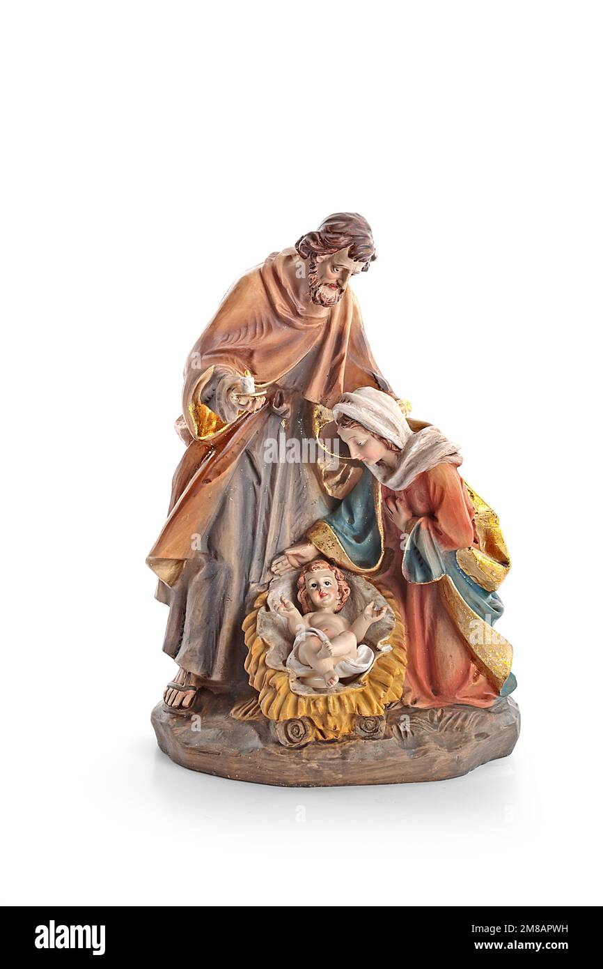 Set of Christmas nativity scene and angel figurines isolated on white ...
