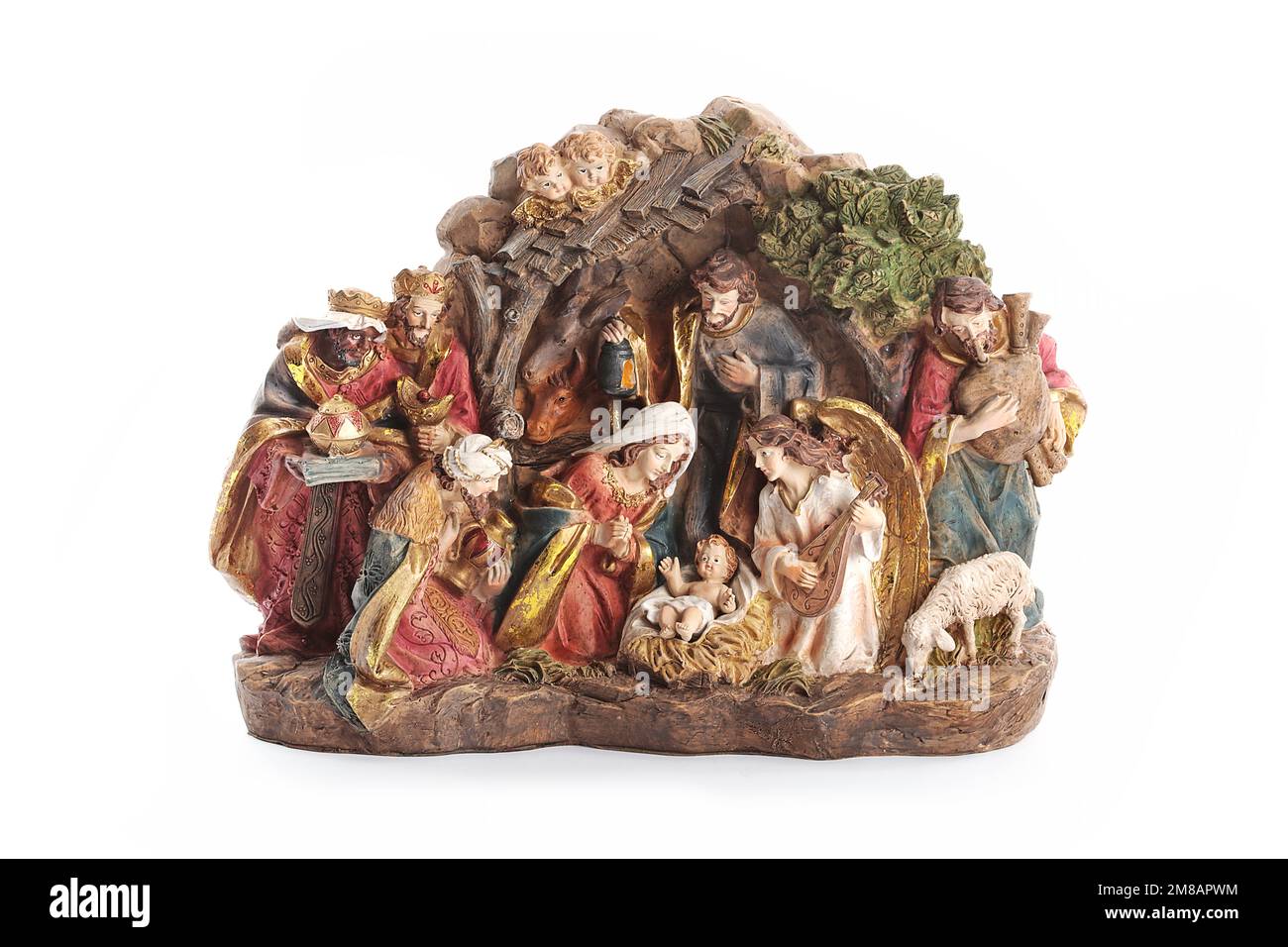 Set of Christmas nativity scene and angel figurines isolated on white ...