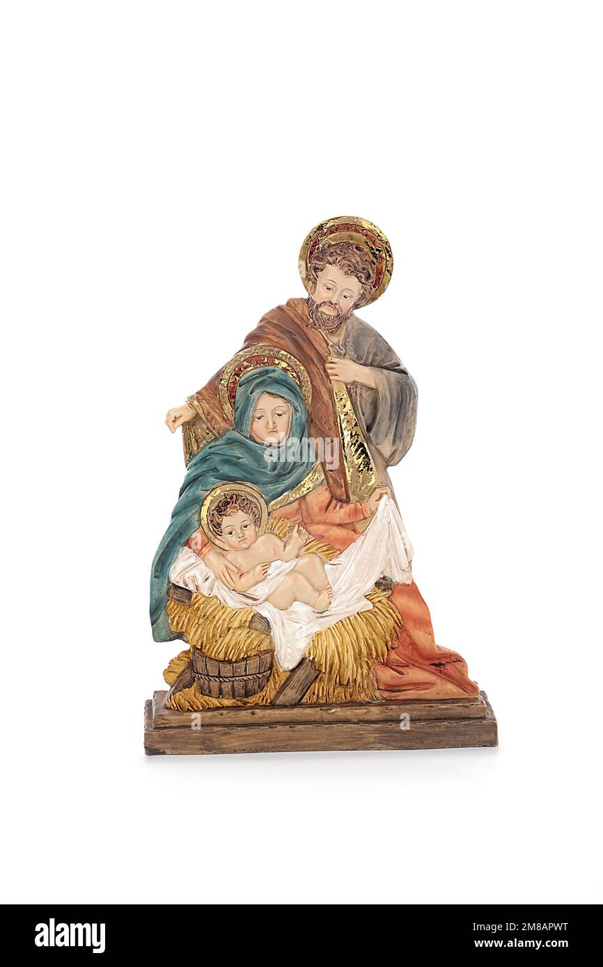 Set of Christmas nativity scene and angel figurines isolated on white ...