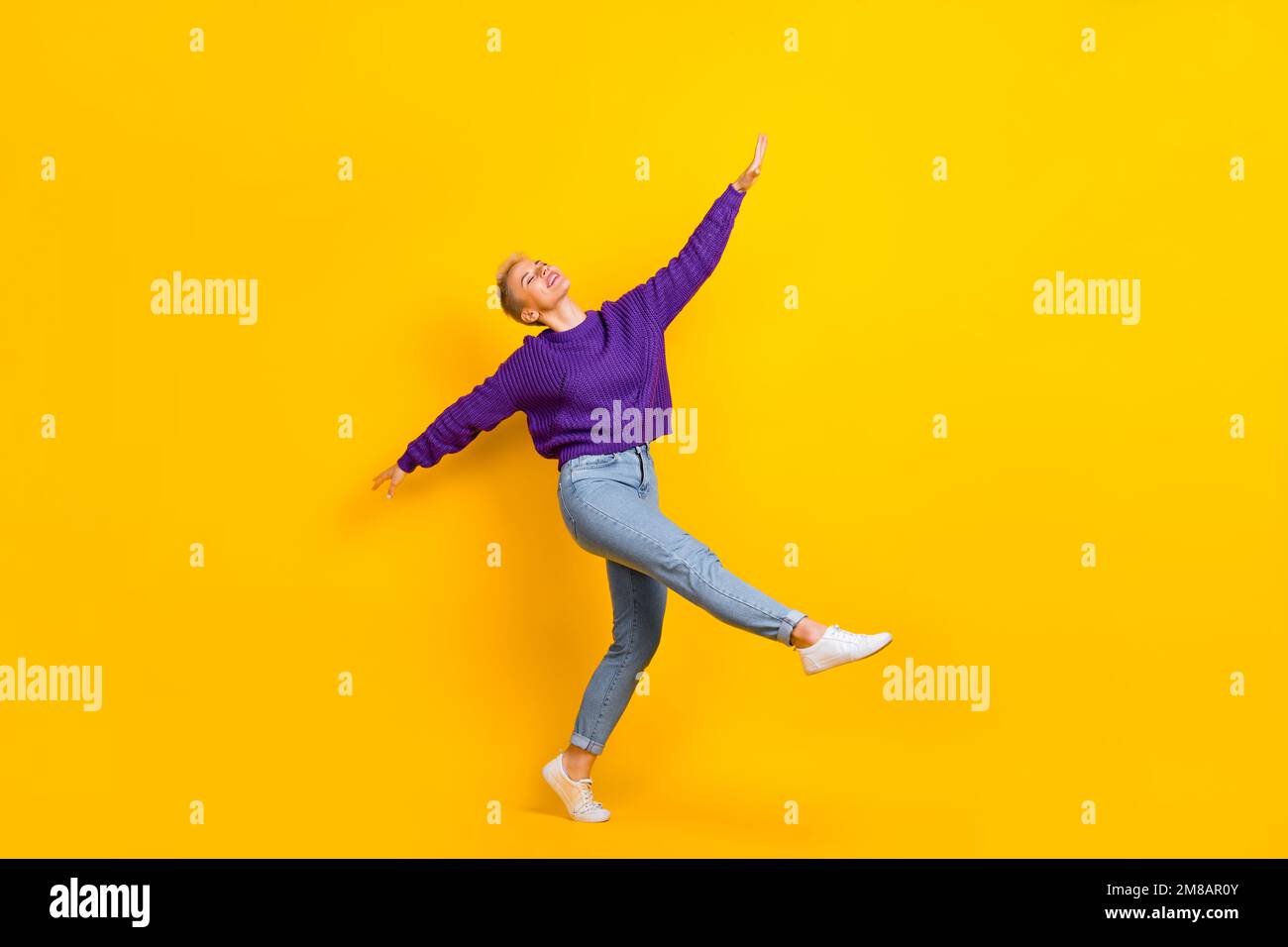 Full body photo of pretty peaceful lady dancing partying raise hands ...