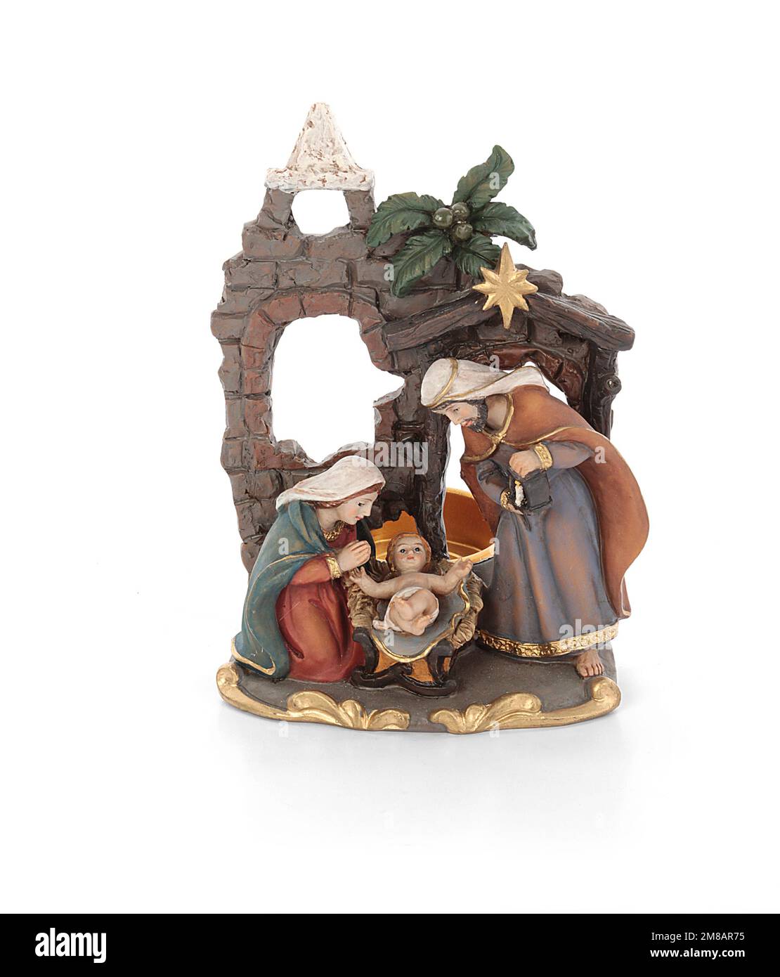 Set of Christmas nativity scene and angel figurines isolated on white ...